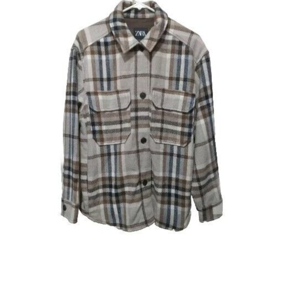 Zara | Shirts | Zara Mens Browns Gray Plaid Flannel Shacket L Gorpcore ...